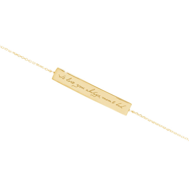 Custom Gold Bar Bracelet with Handwritten Engraving - Tales In Gold
