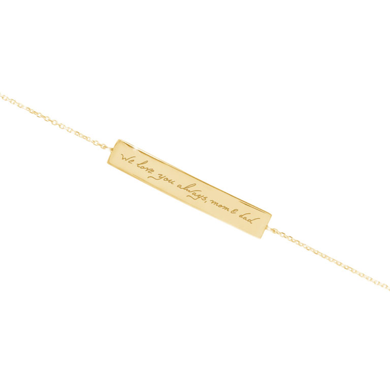 Custom Gold Bar Bracelet with Handwritten Engraving - Tales In Gold