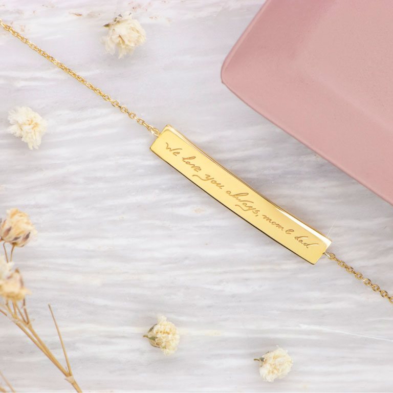 Custom Gold Bar Bracelet with Handwritten Engraving - Tales In Gold