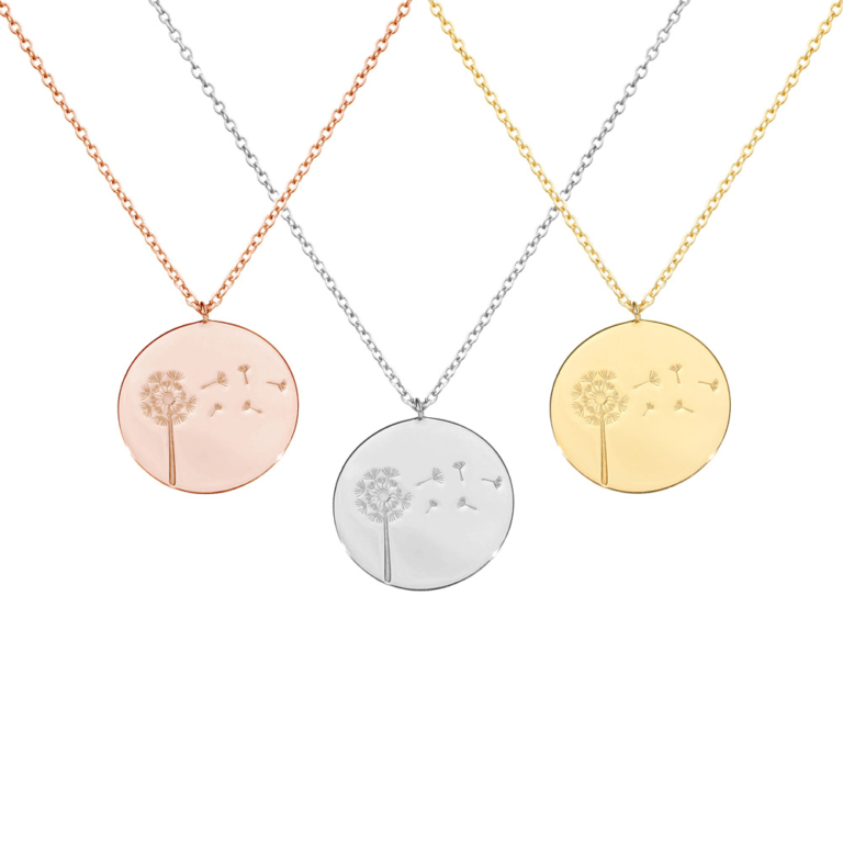 Gold Disc Pendant with an Engraved Dandelion - Tales In Gold